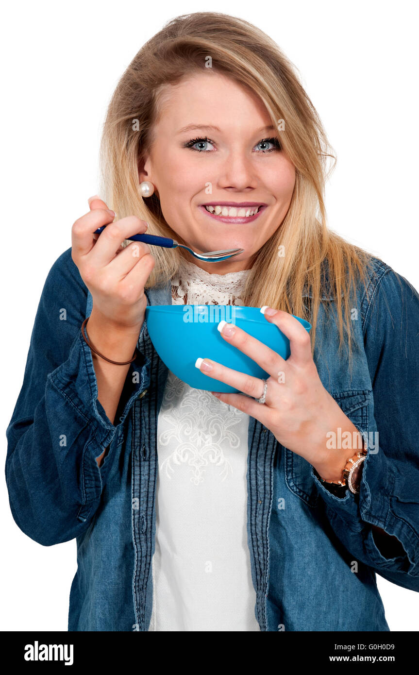 Woman eating all bran breakfast cereal hi-res stock photography and images - Alamy