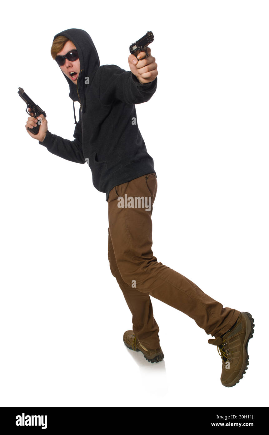 Aggressive man with gun isolated on white Stock Photo - Alamy