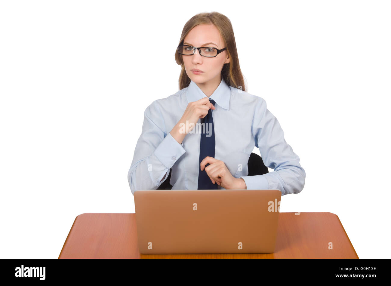 Office employee with laptop isolated on white Stock Photo - Alamy
