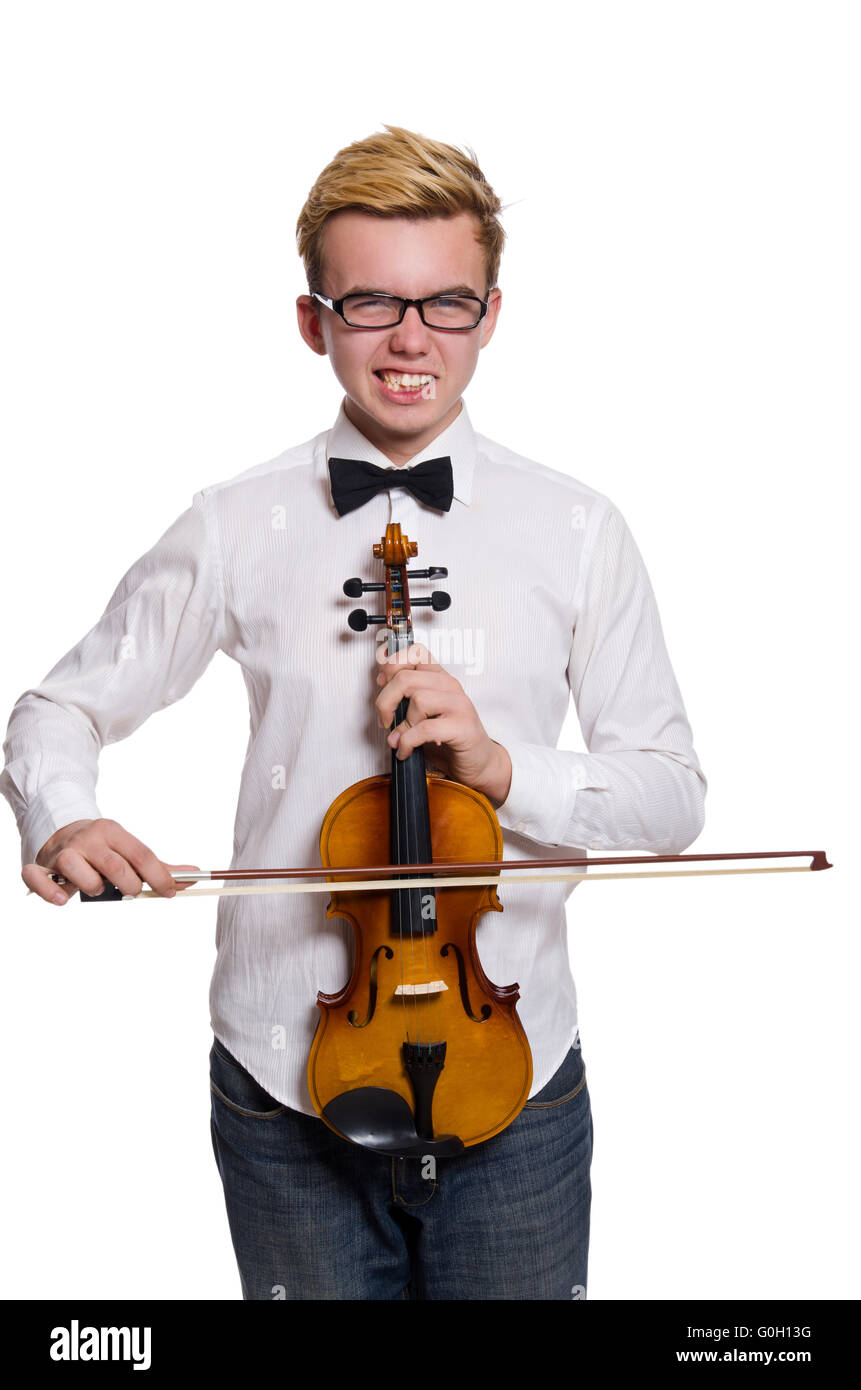 Young funny violin player isolated on white Stock Photo - Alamy