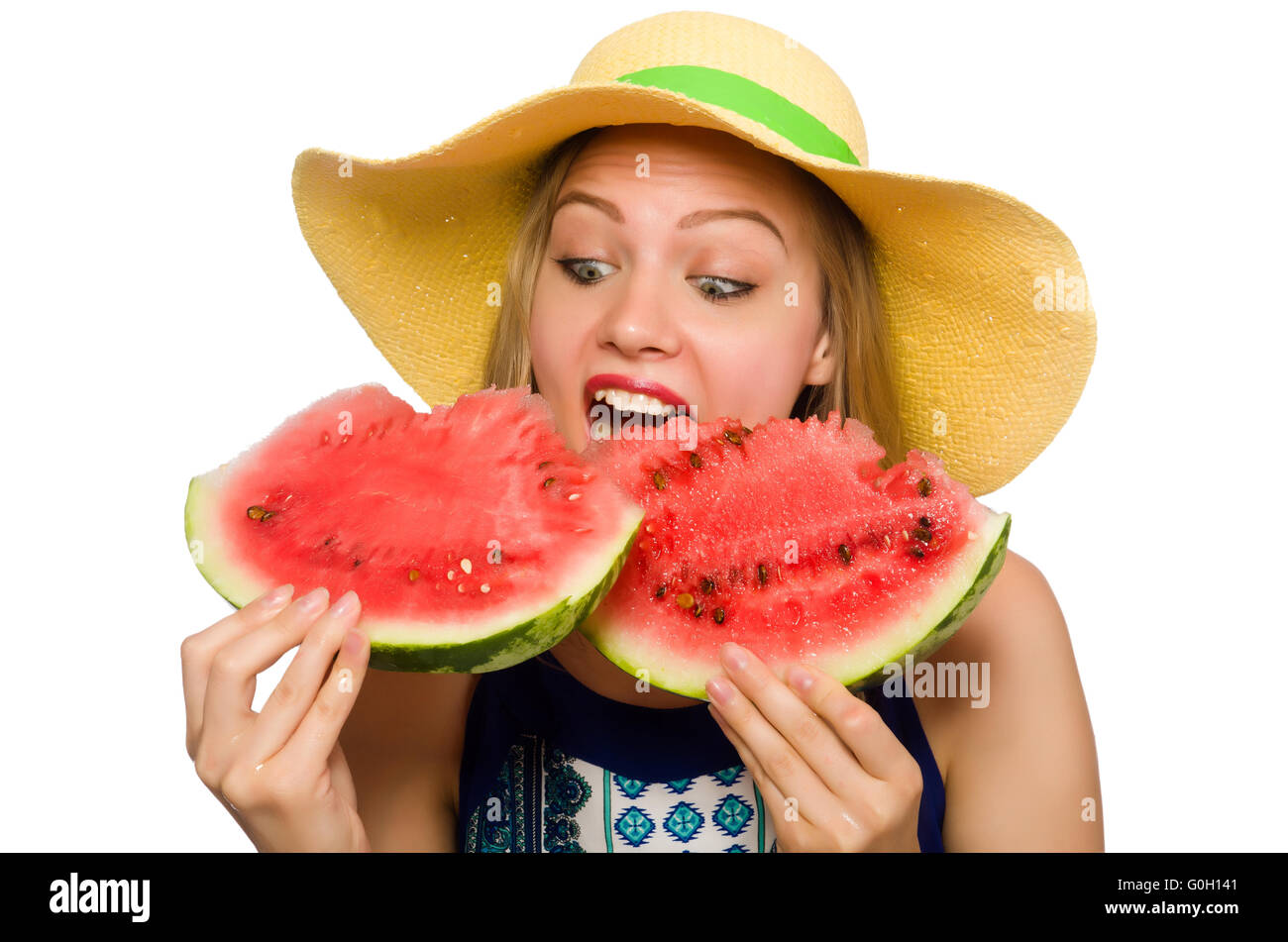 Woman eating watermelon isolated on white Stock Photo - Alamy