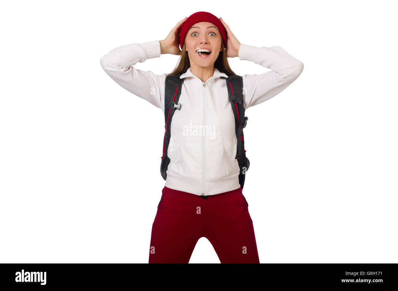 Funny student with backpack isolated on white Stock Photo - Alamy