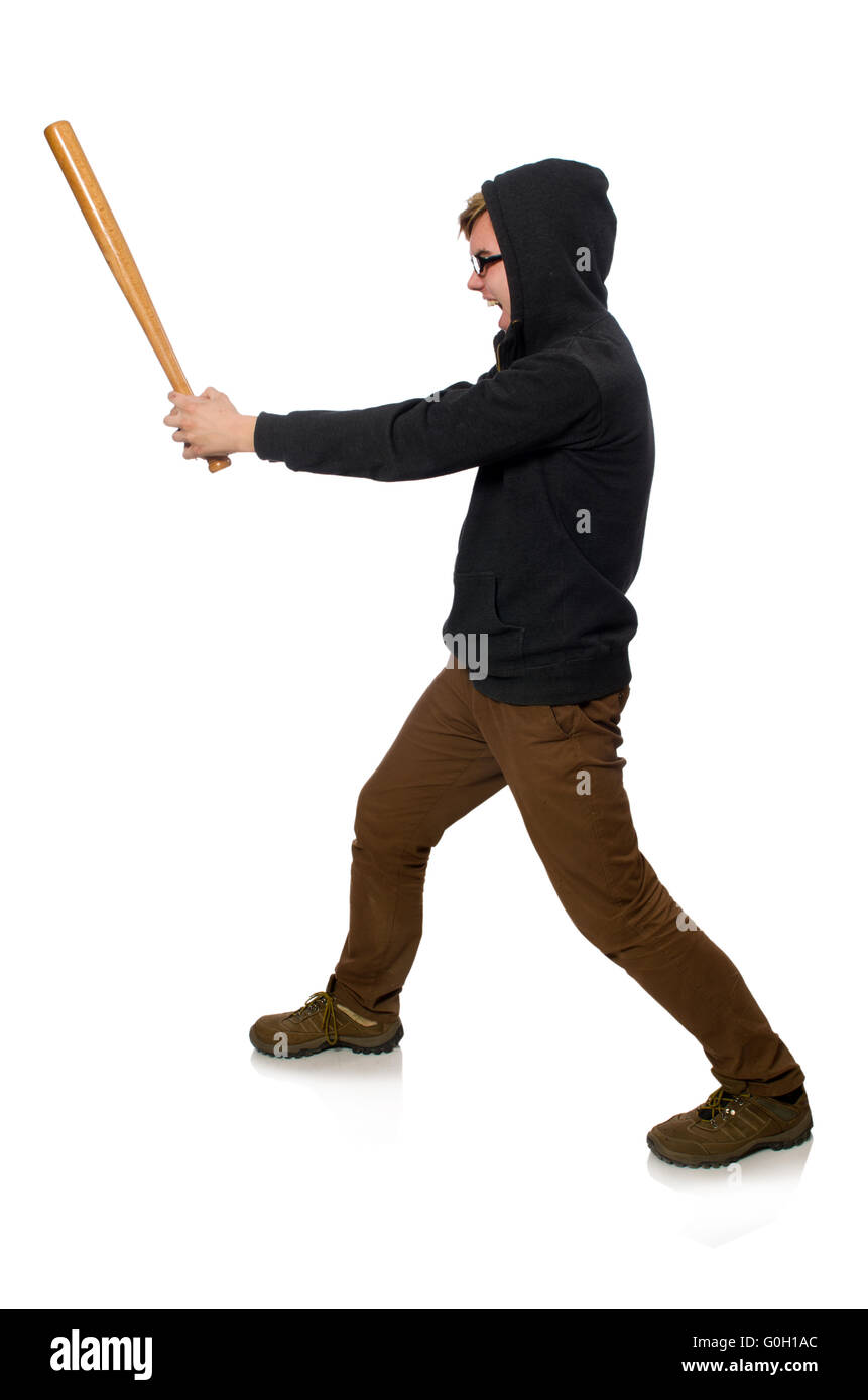 Aggressive man with baseball bat isolated on white Stock Photo - Alamy