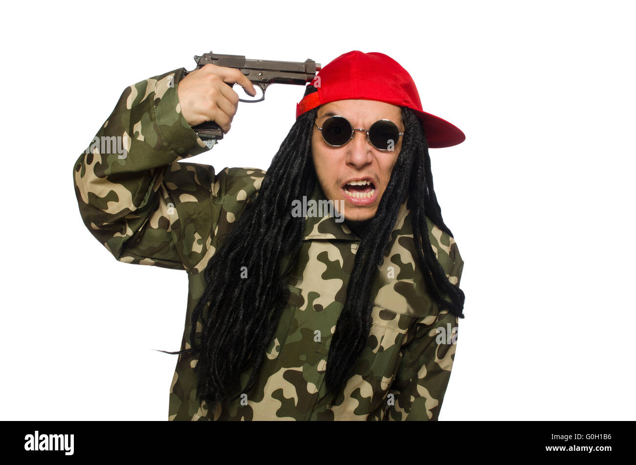 Funny guy with gun isolated on white Stock Photo - Alamy
