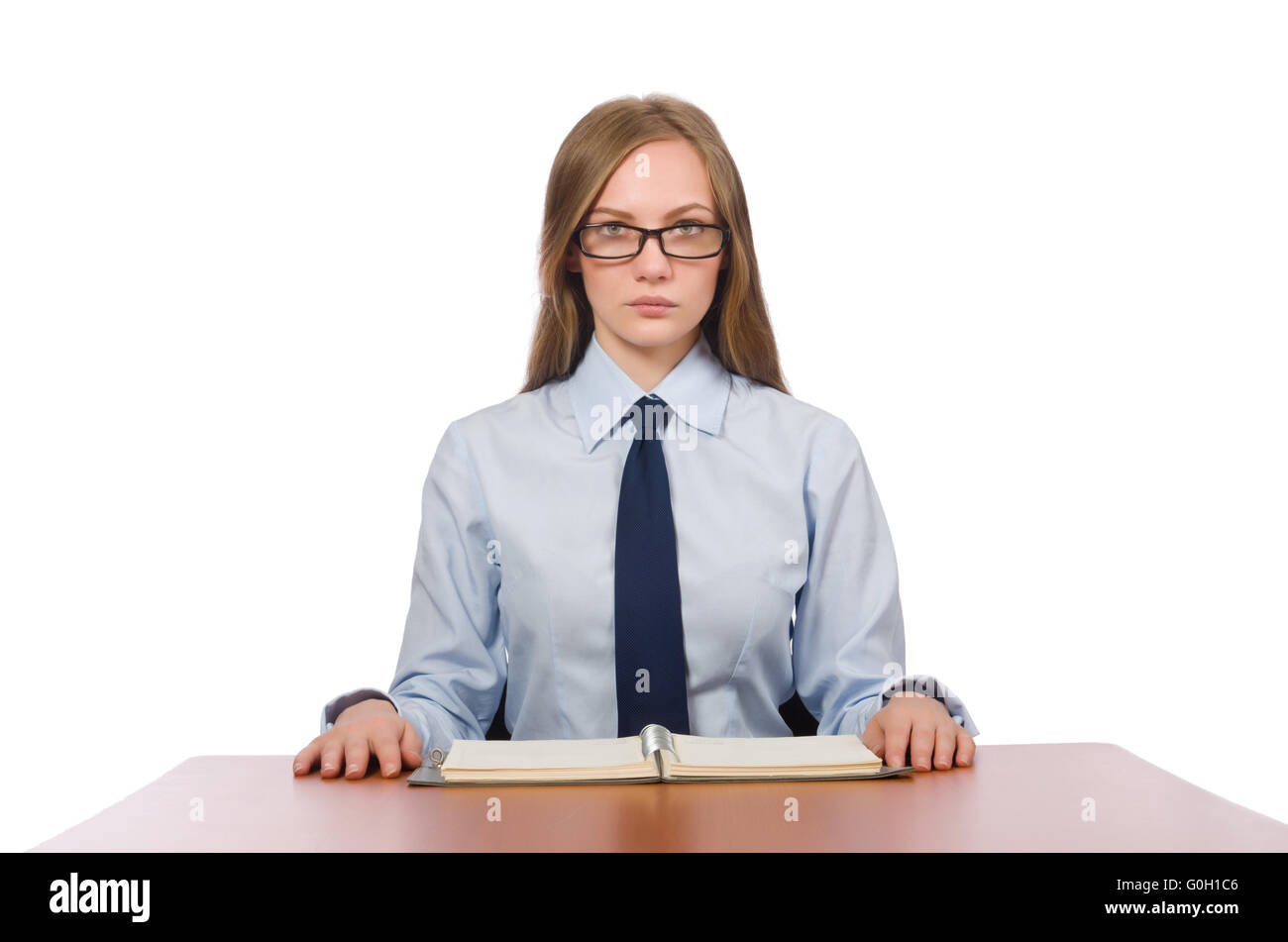 Office employee at work table isolated on white Stock Photo - Alamy
