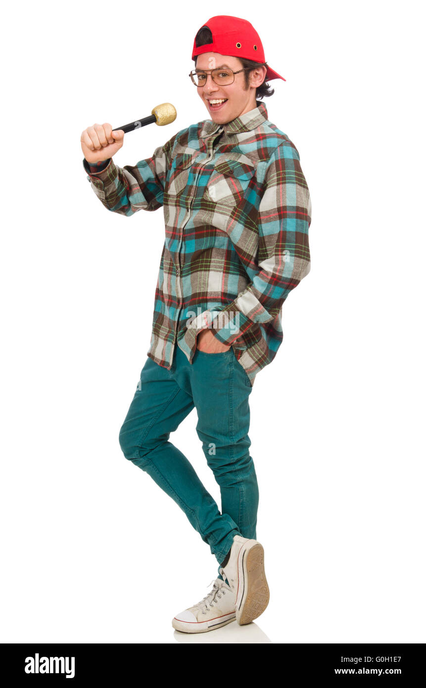 Funny guy singing isolated on white Stock Photo - Alamy