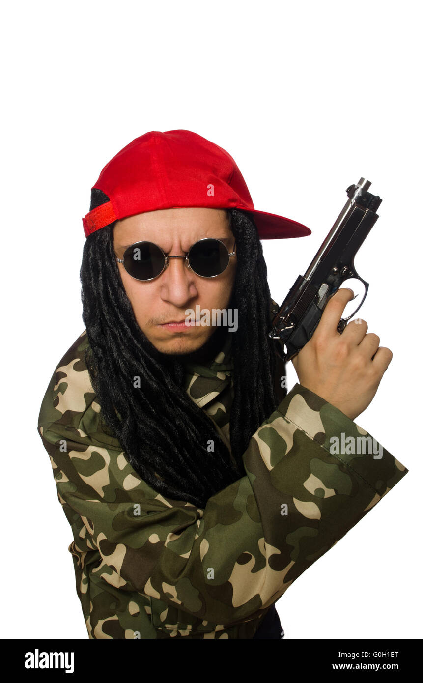 Funny guy with gun isolated on white Stock Photo - Alamy