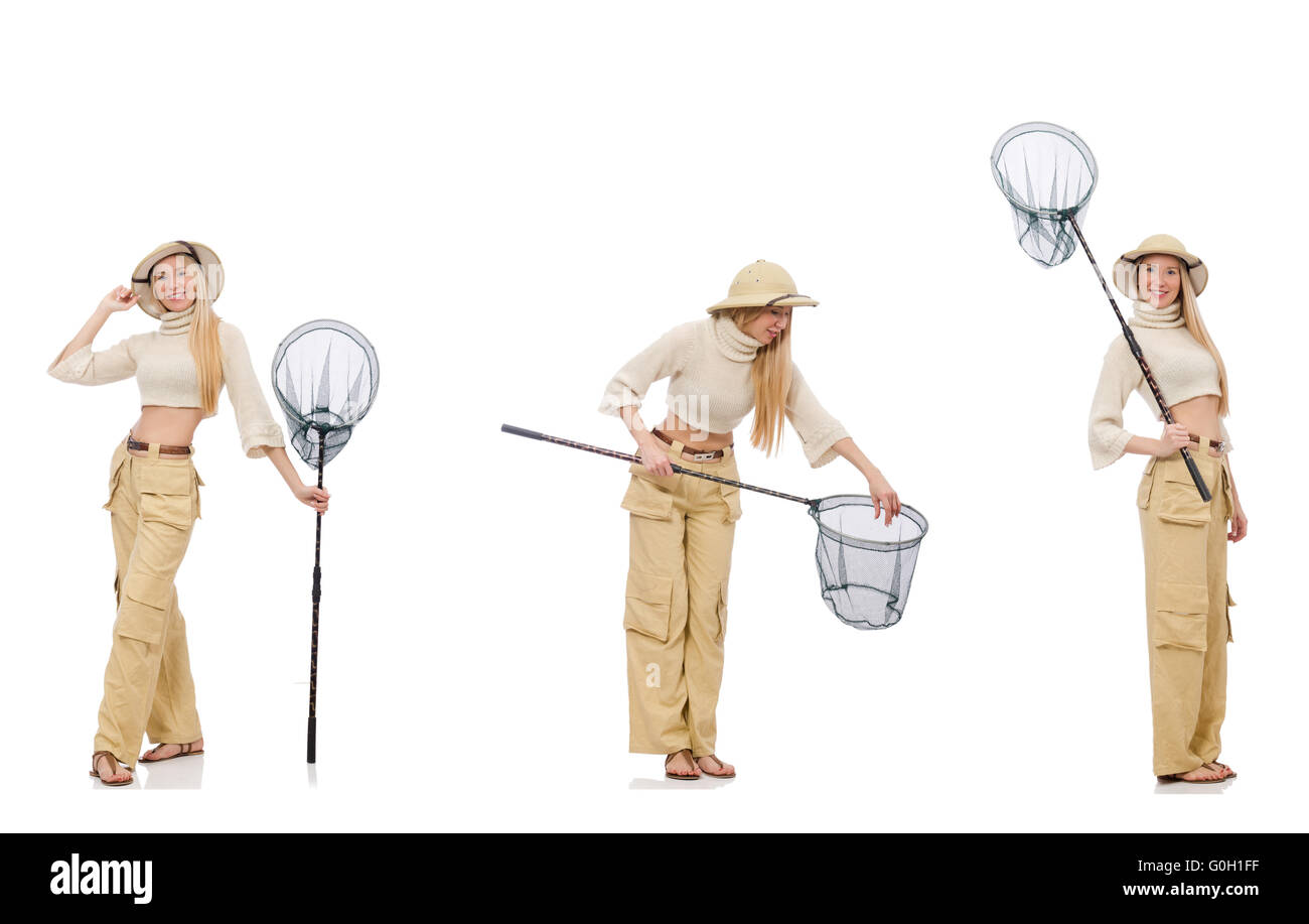 Woman with catching net on white Stock Photo - Alamy