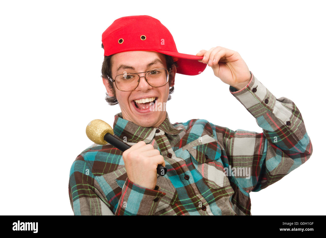 Funny guy singing isolated on white Stock Photo - Alamy