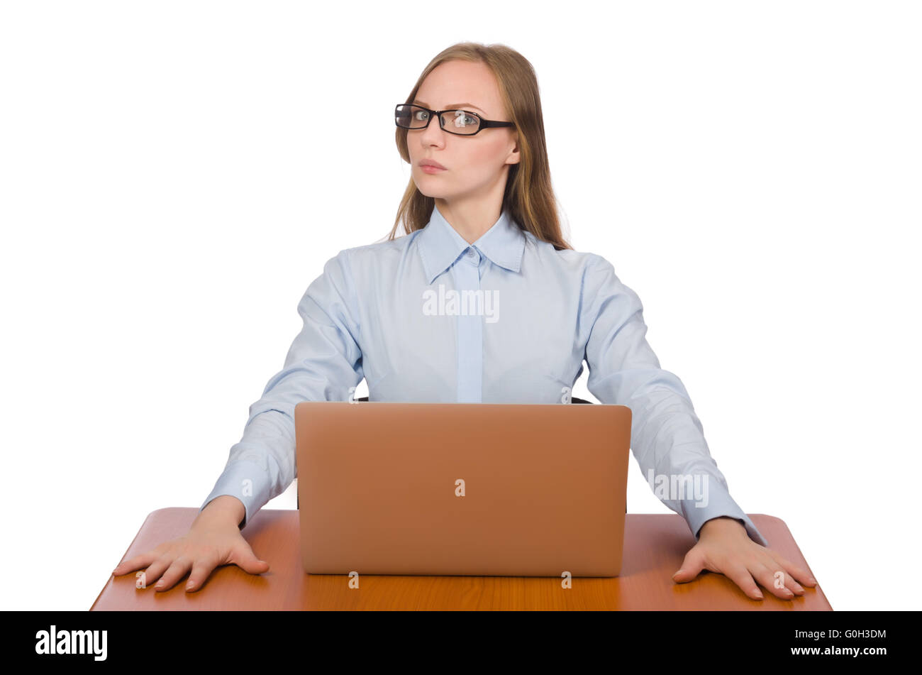 Office employee with laptop isolated on white Stock Photo - Alamy