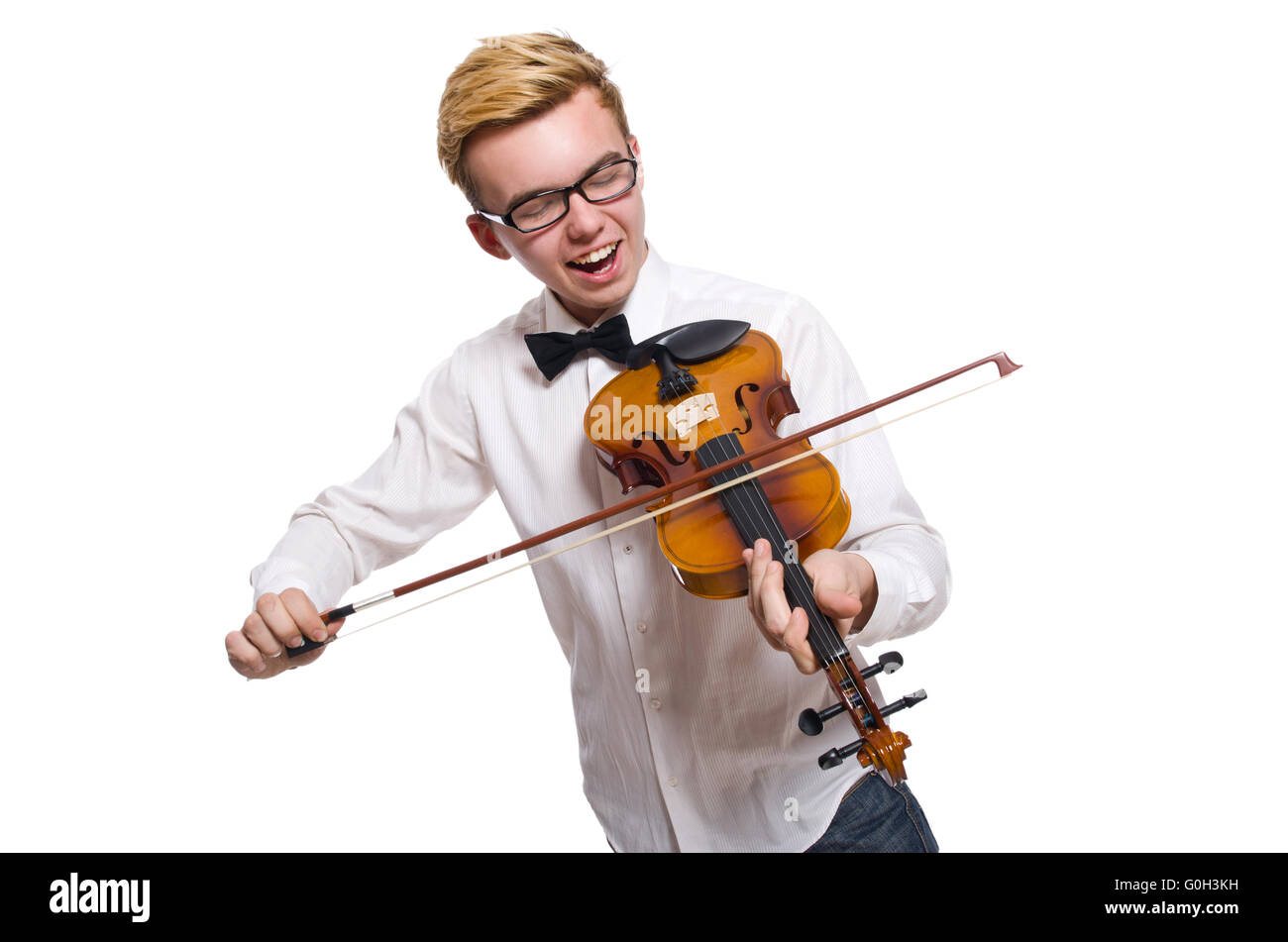 Young funny violin player isolated on white Stock Photo - Alamy