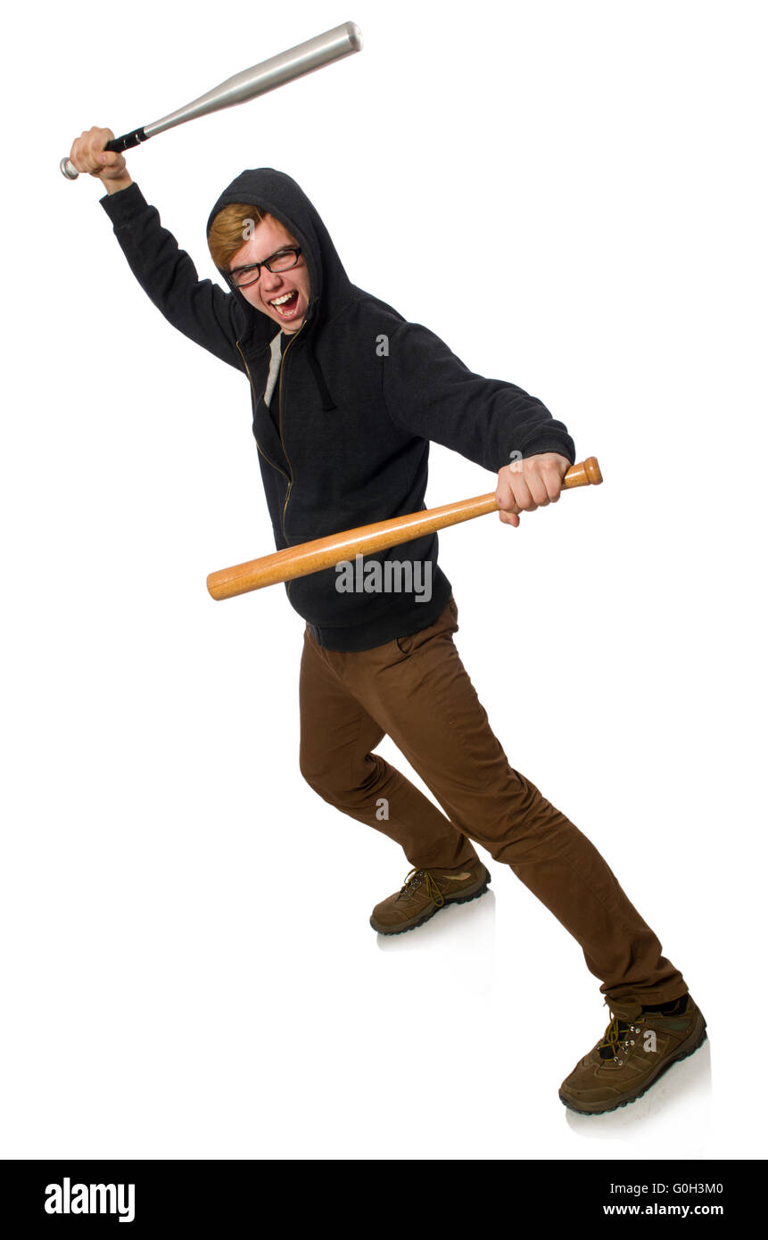 Aggressive man with baseball bat isolated on white Stock Photo - Alamy