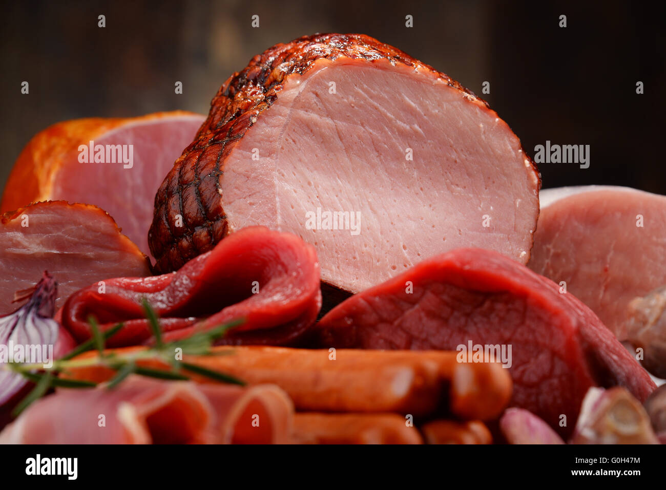 Assorted meat products including ham and sausages Stock Photo - Alamy