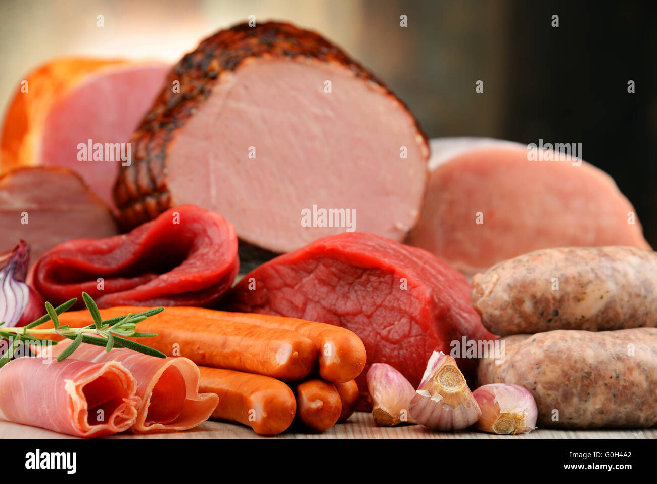 Assorted meat products including ham and sausages Stock Photo - Alamy