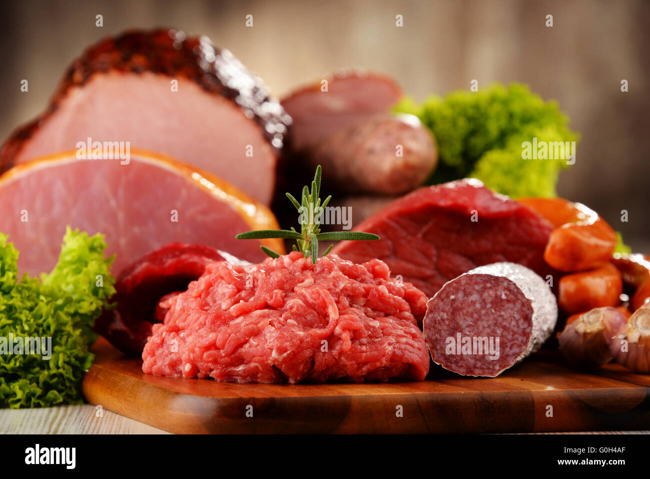Assorted meat products including ham and sausages Stock Photo - Alamy