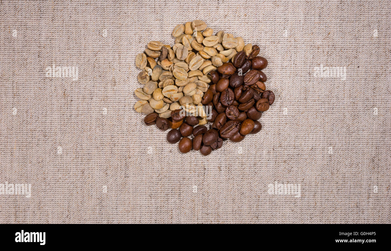Pile of two types of different colored coffee beans over burlap ...