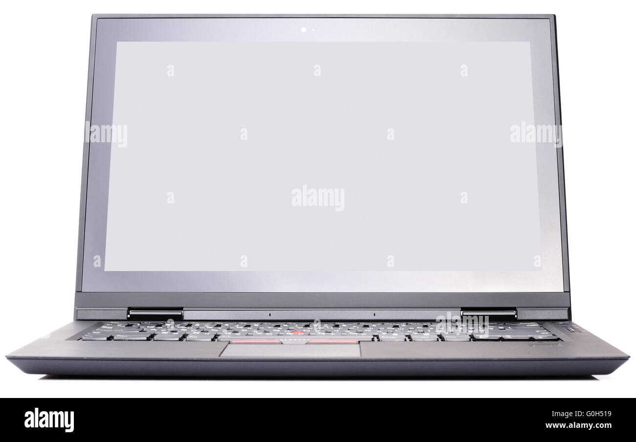 Open laptop (notebook) front view over white background Stock Photo - Alamy