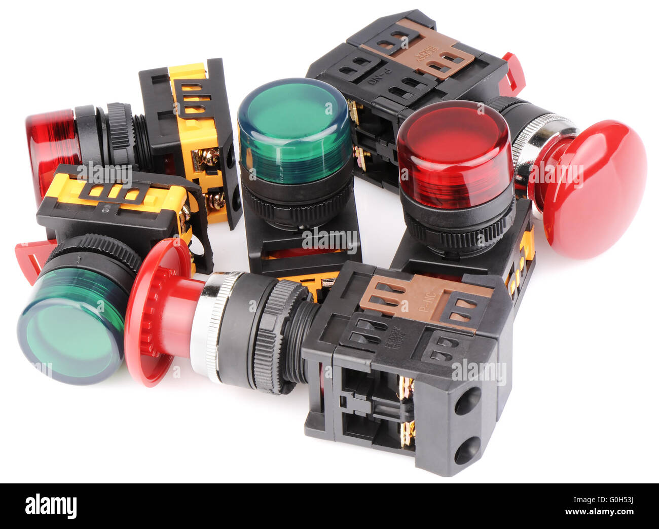 Heap of electrical button switches over white background Stock Photo ...