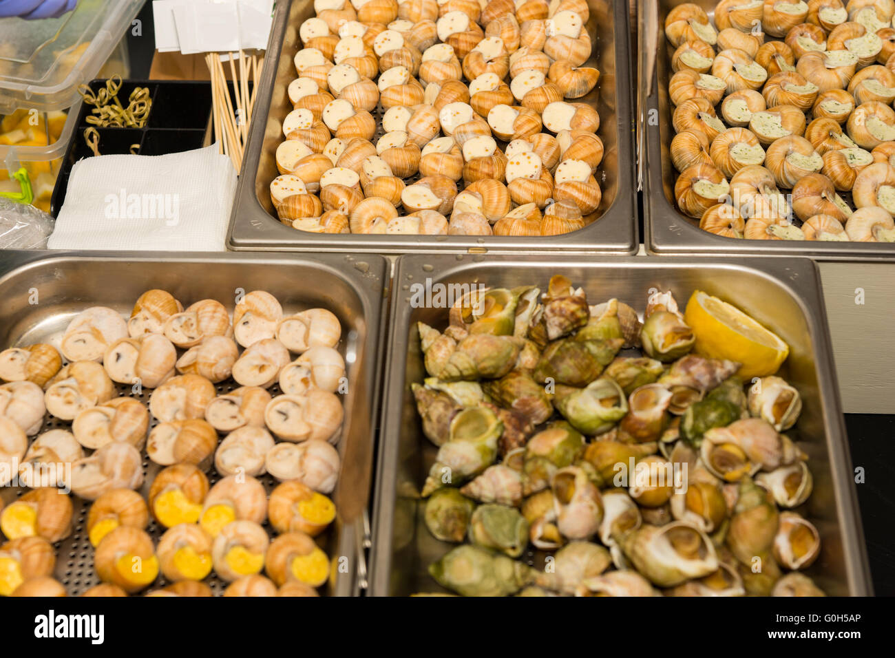 Variety of different stuffed savory snails on display in metal trays at ...