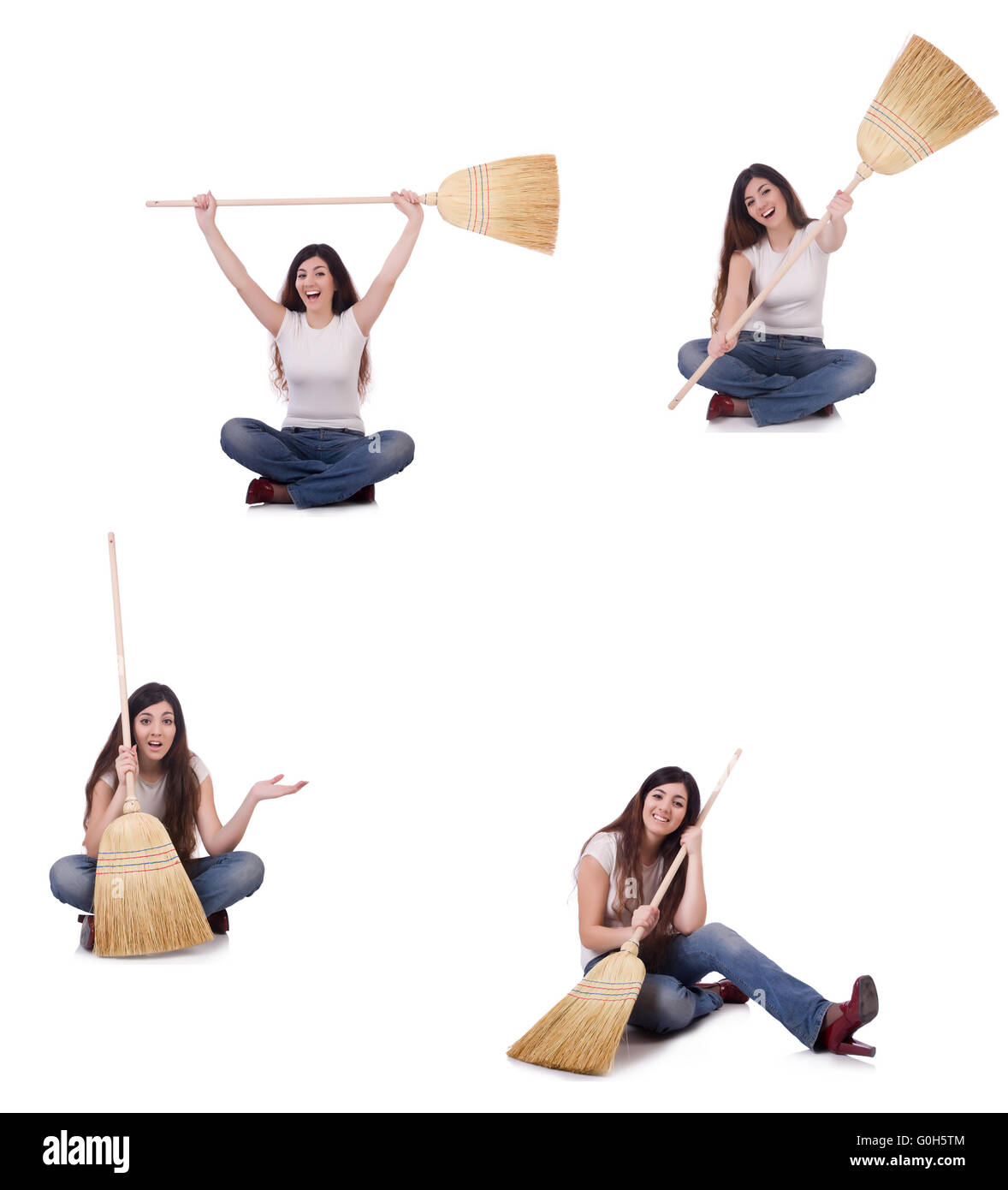 Woman with broom isolated on white Stock Photo - Alamy