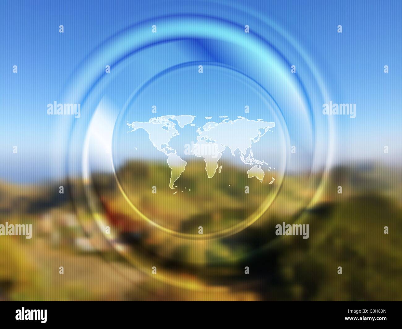 World map and blurred circle on landscape background Stock Photo - Alamy