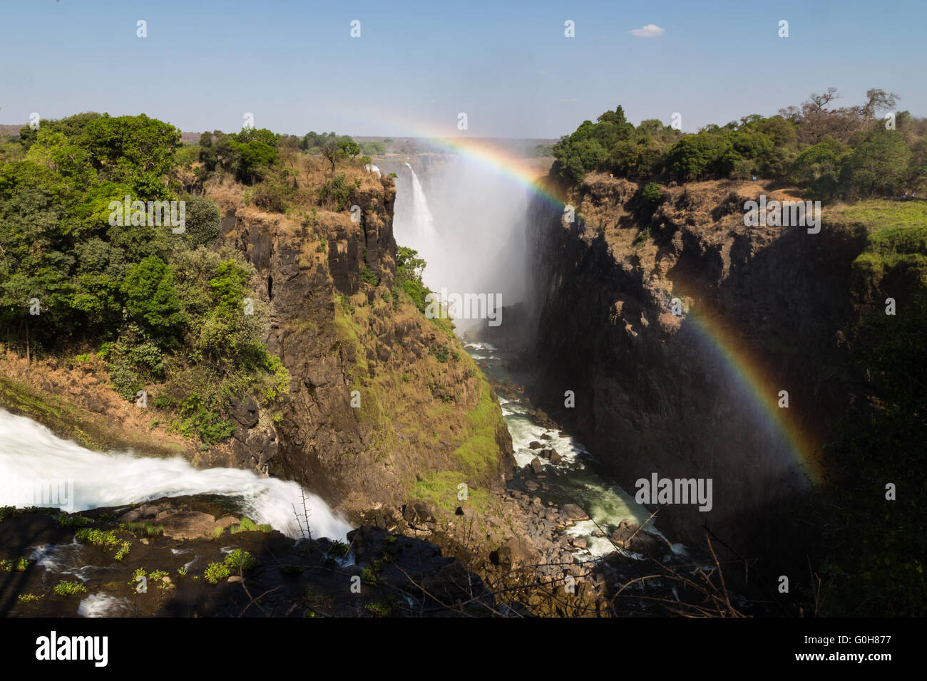 Victoria Falls in October with rainbow crossing. Waterfall running at ...