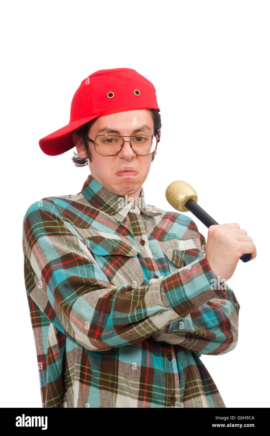 Funny guy singing isolated on white Stock Photo - Alamy