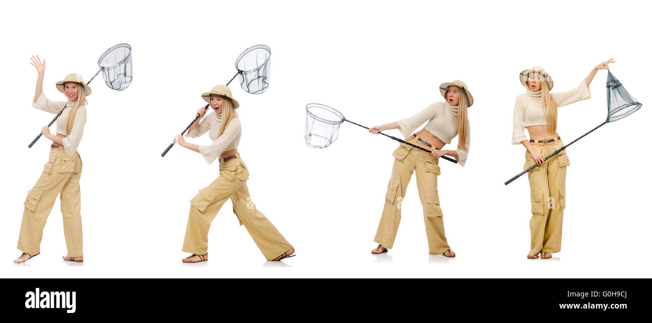 Woman with catching net on white Stock Photo - Alamy