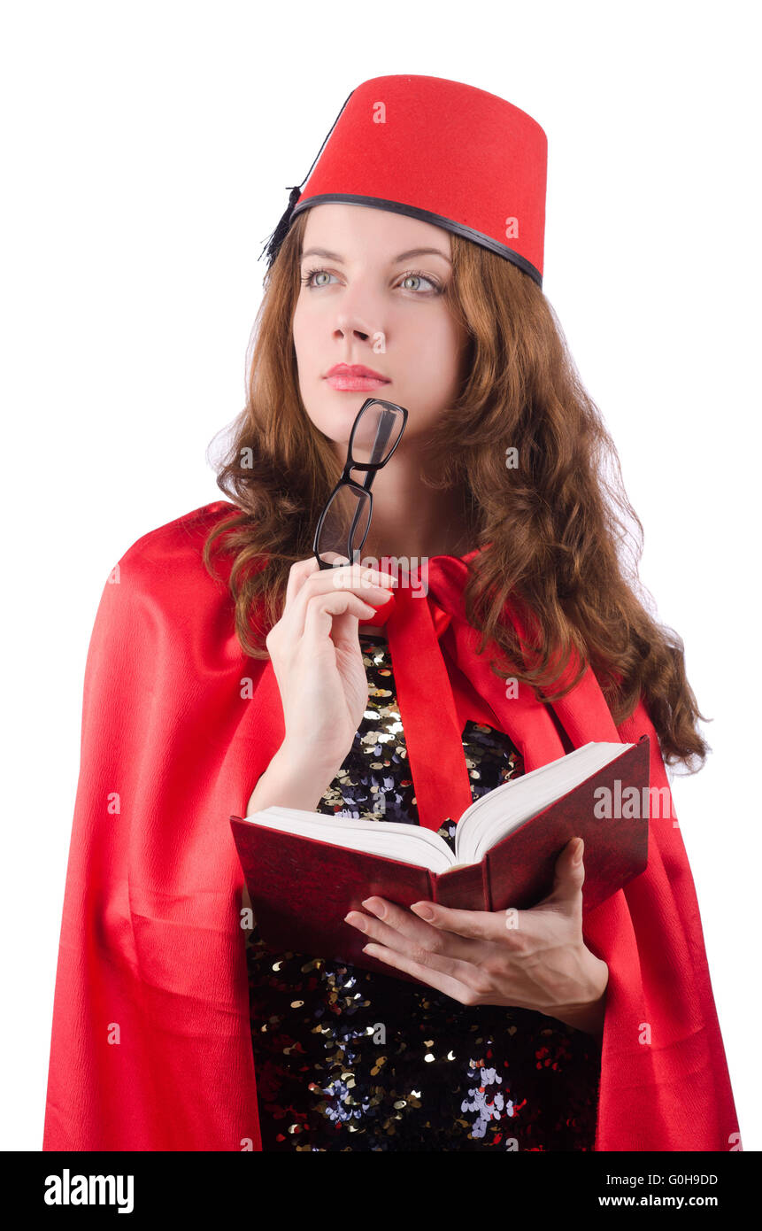 Woman wearing fez hat isolated on white Stock Photo - Alamy