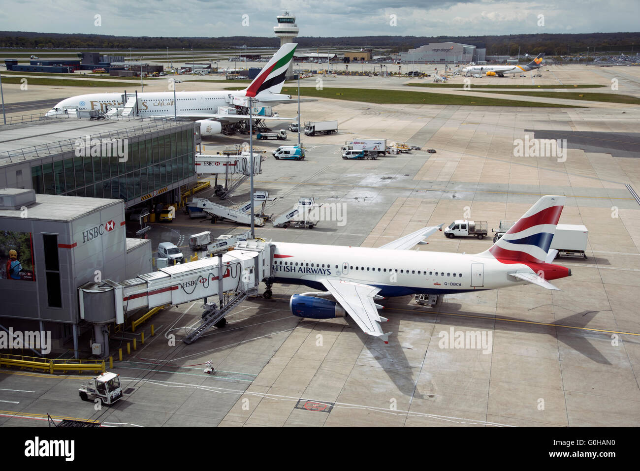 London Gatwick Airport with passenger jets on the jetway Stock Photo ...