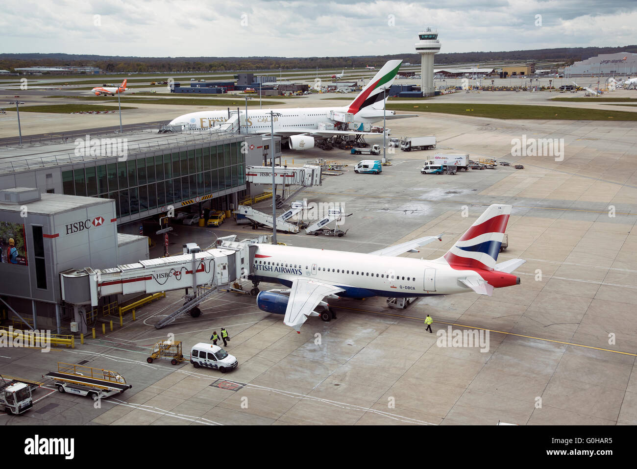 London Gatwick Airport with passenger jets on the jetway Stock Photo ...