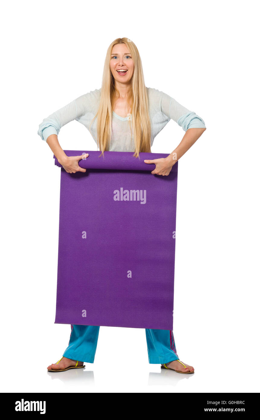 Pretty woman holding rug isolated on white Stock Photo - Alamy