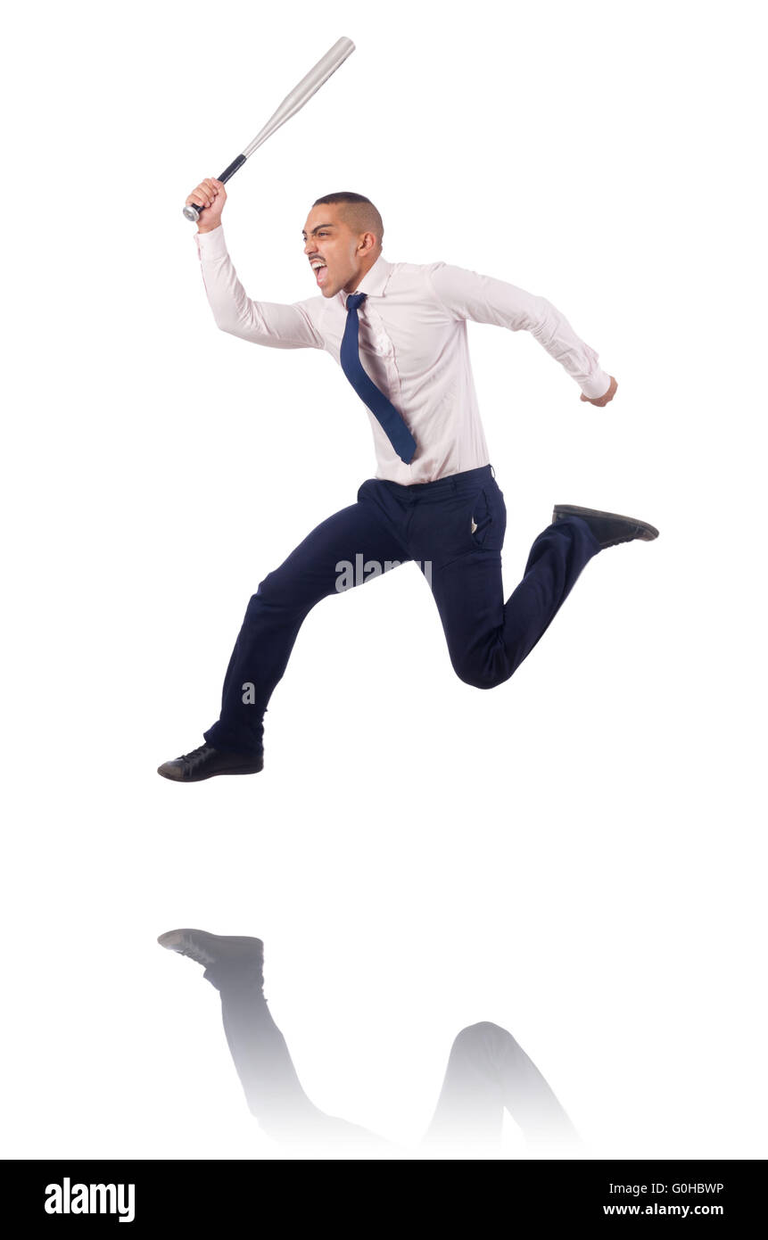 Businessman jumping with baseball bat Stock Photo - Alamy