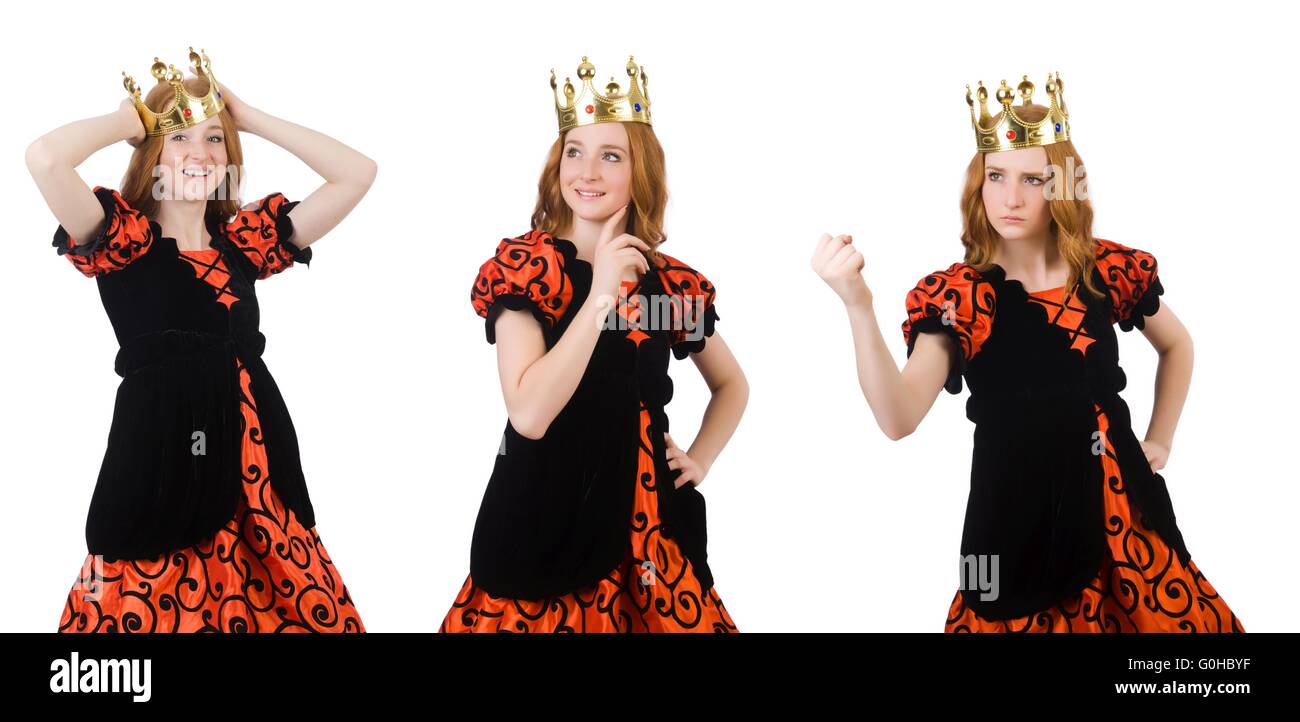 Funny woman queen wearing crown on white Stock Photo - Alamy