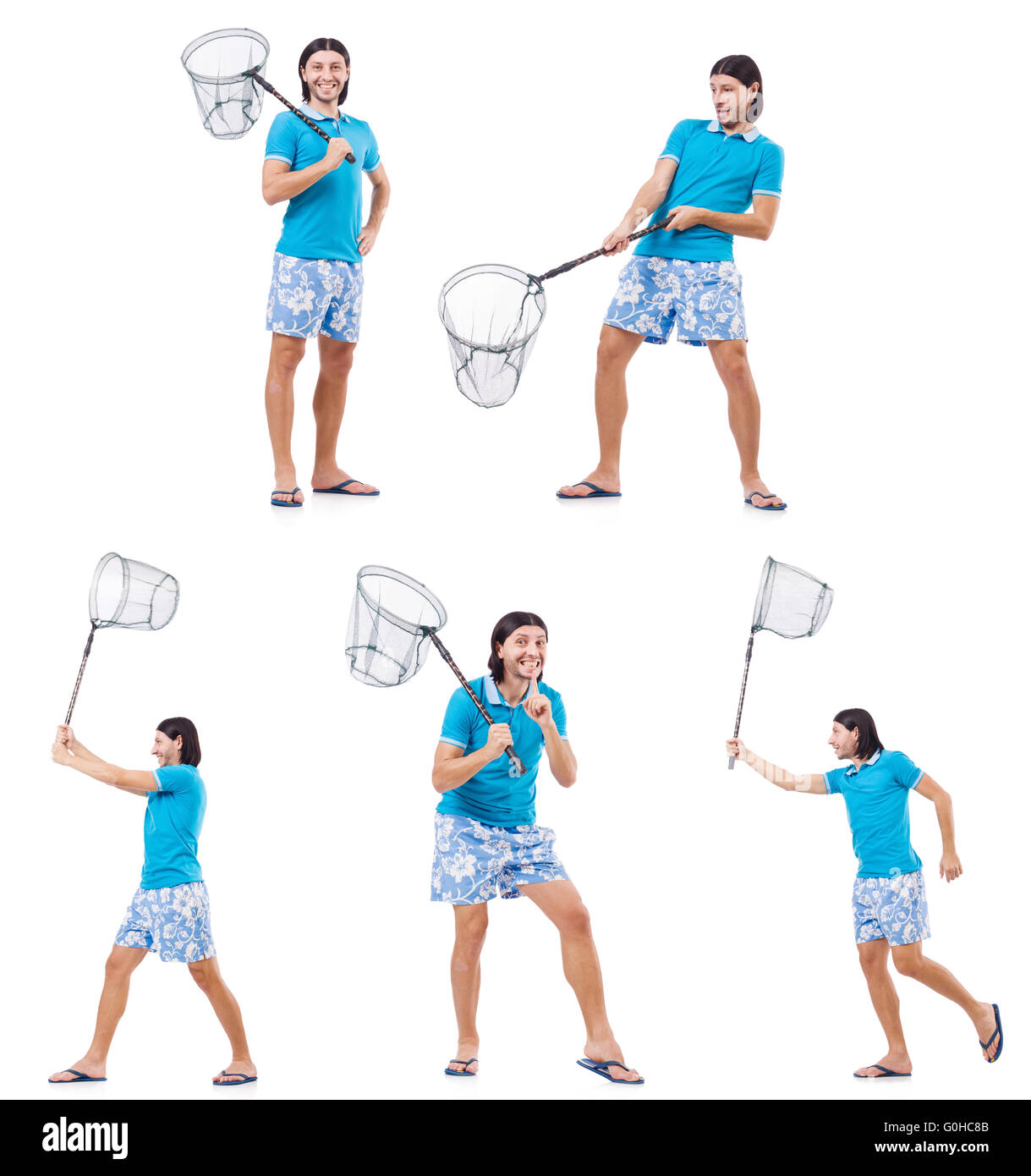 Man with big catching net isolated on white Stock Photo - Alamy