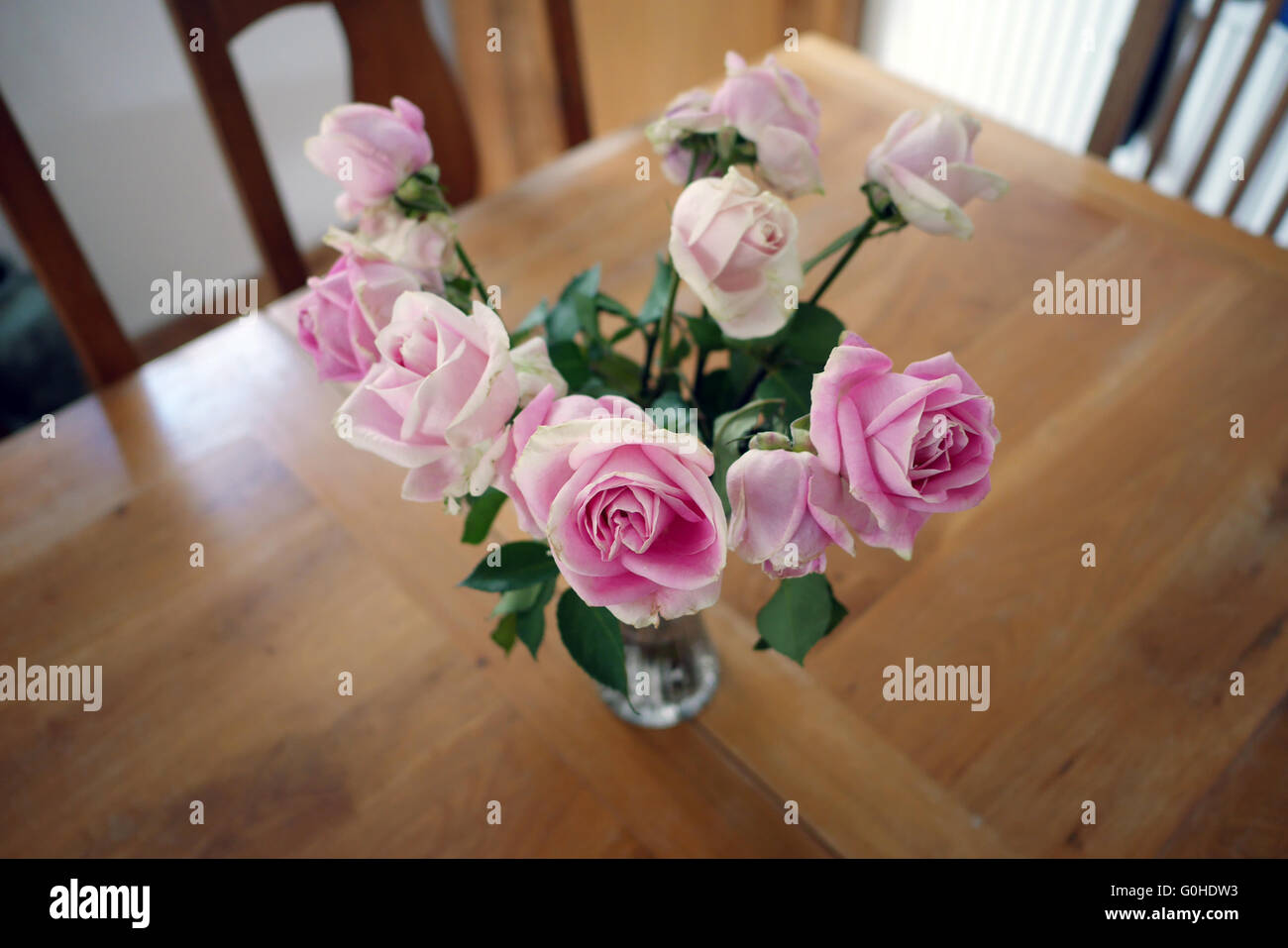 Pink roses on an oak dining table Stock Photo - Alamy
