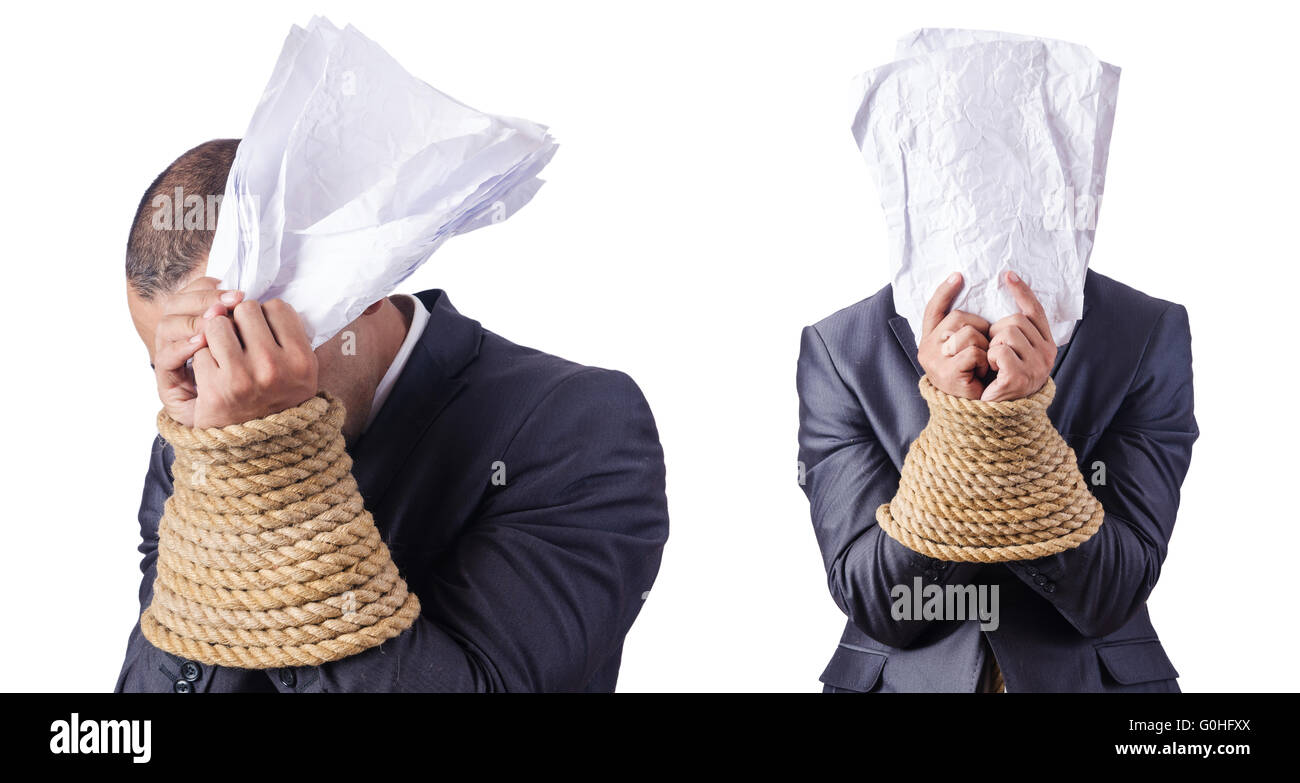Man tied up isolated on white Stock Photo - Alamy