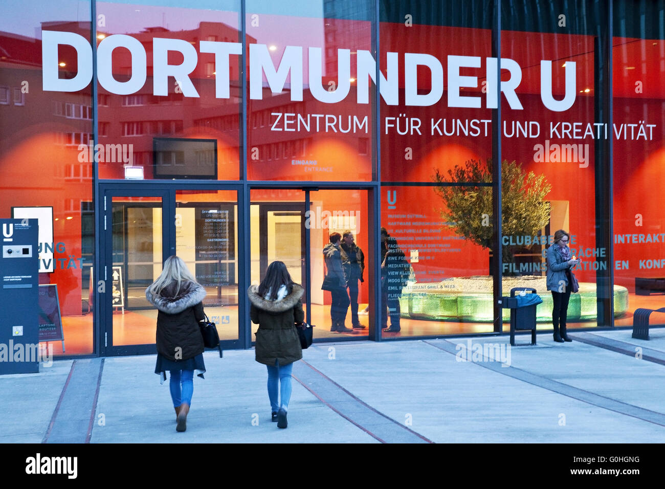 visitors in front of entrance of the Dortmund U-Tower, center for arts ...