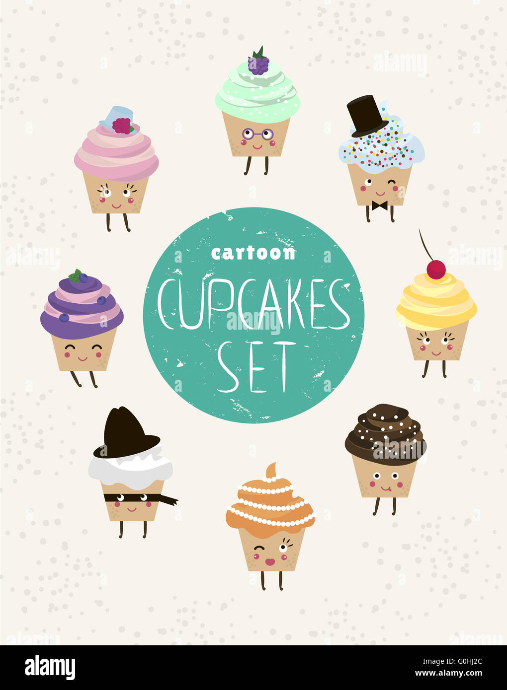 Cartoon cupcakes set. Vector cupcakes collection with eyes and smiles ...