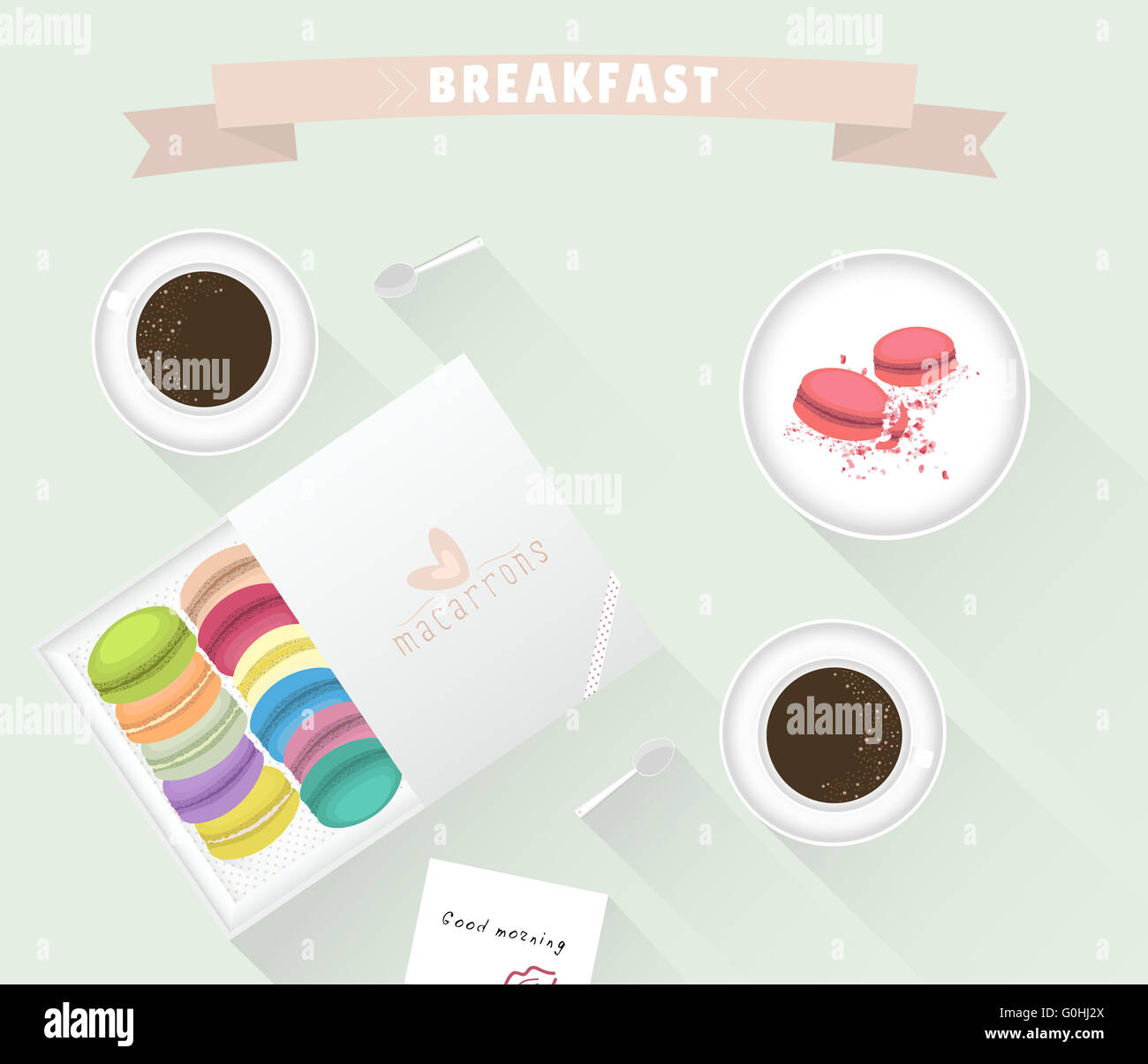 Illustration breakfast with cups of coffee and macaroons. Good morning ...