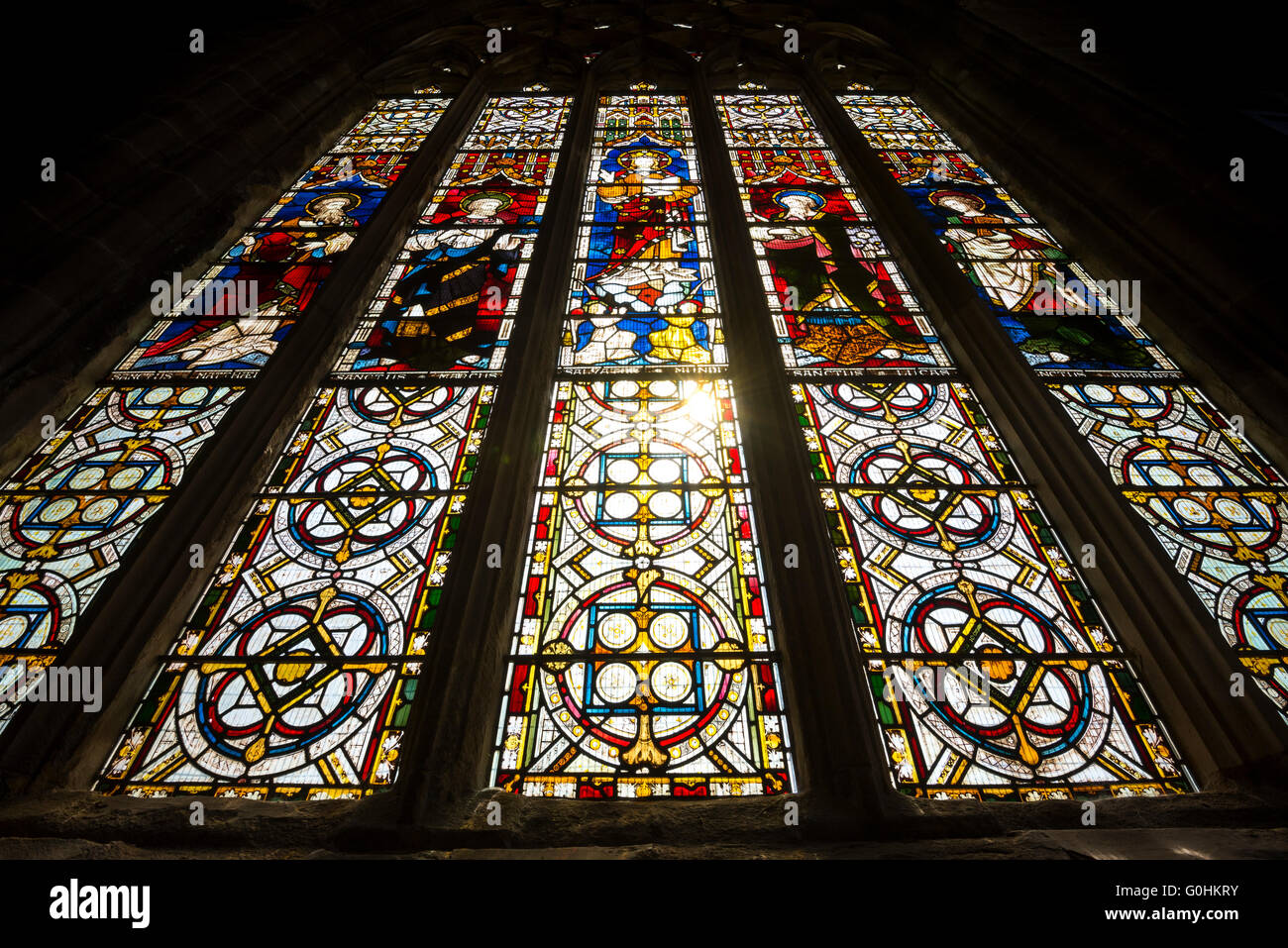 Stained glass window in the Cathedral of the Peak in Tideswell village ...