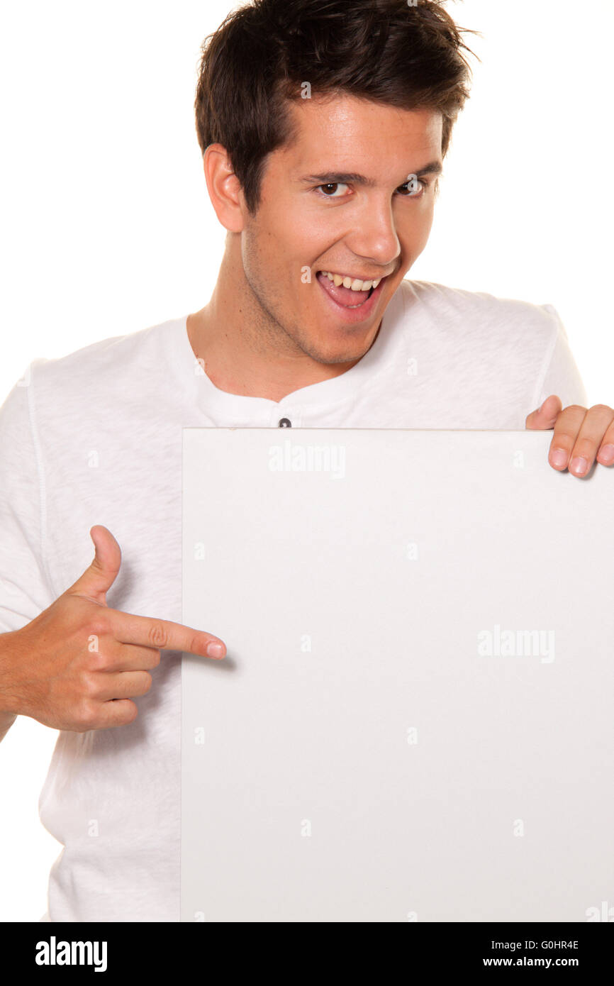 Man with empty poster to advertise the opening Stock Photo - Alamy