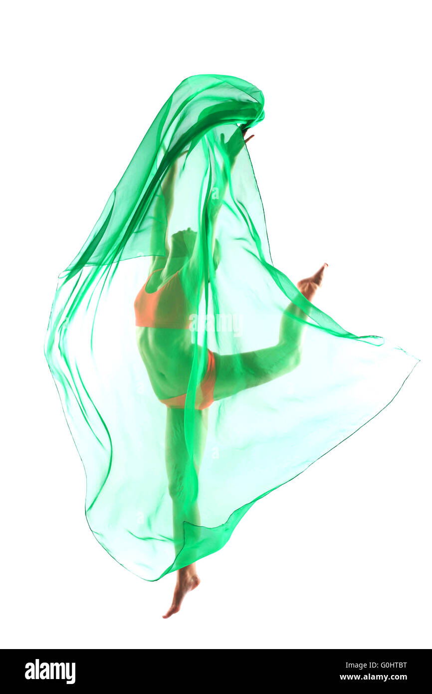 Slender young dancer jumping with green cloth Stock Photo - Alamy