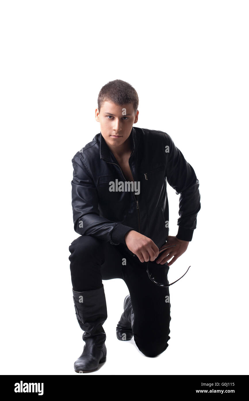 Security officer in black leather jacket isolated Stock Photo - Alamy