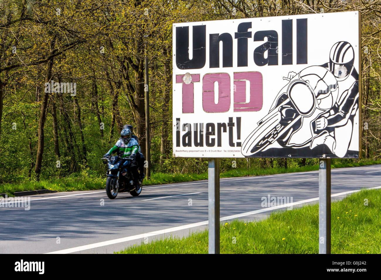 Highway in Haltern am See, warning sign for motorcyclists, admonition ...