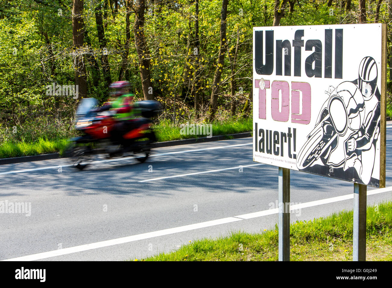 Highway in Haltern am See, warning sign for motorcyclists, admonition ...