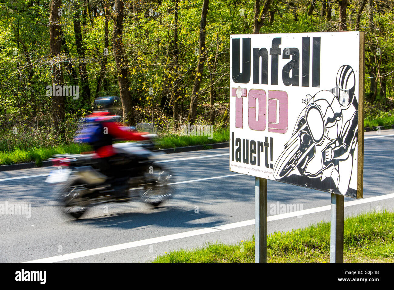 Highway in Haltern am See, warning sign for motorcyclists, admonition ...