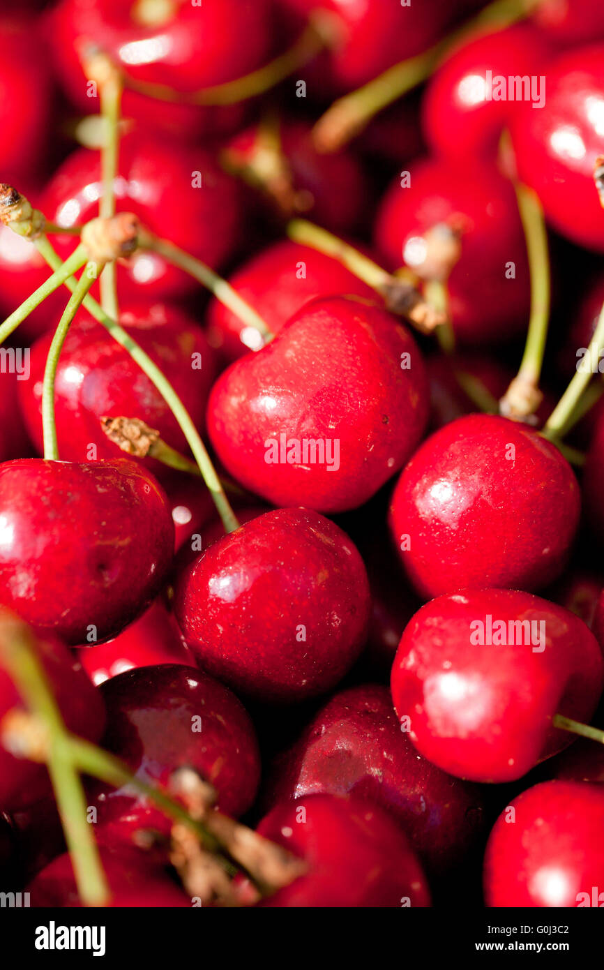 sweet red cherry closeup macro on market outdoor Stock Photo - Alamy