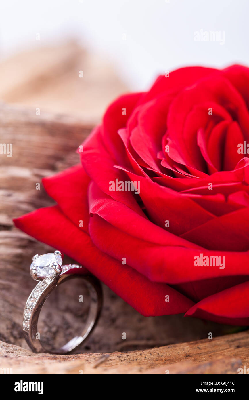 beautiful ring on wooden background and red rose Stock Photo - Alamy