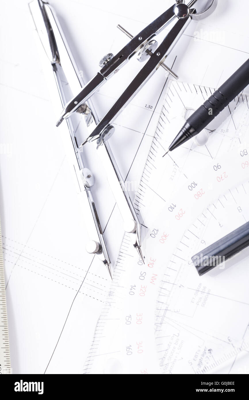 architect blueprints equipment objects workplace Stock Photo - Alamy